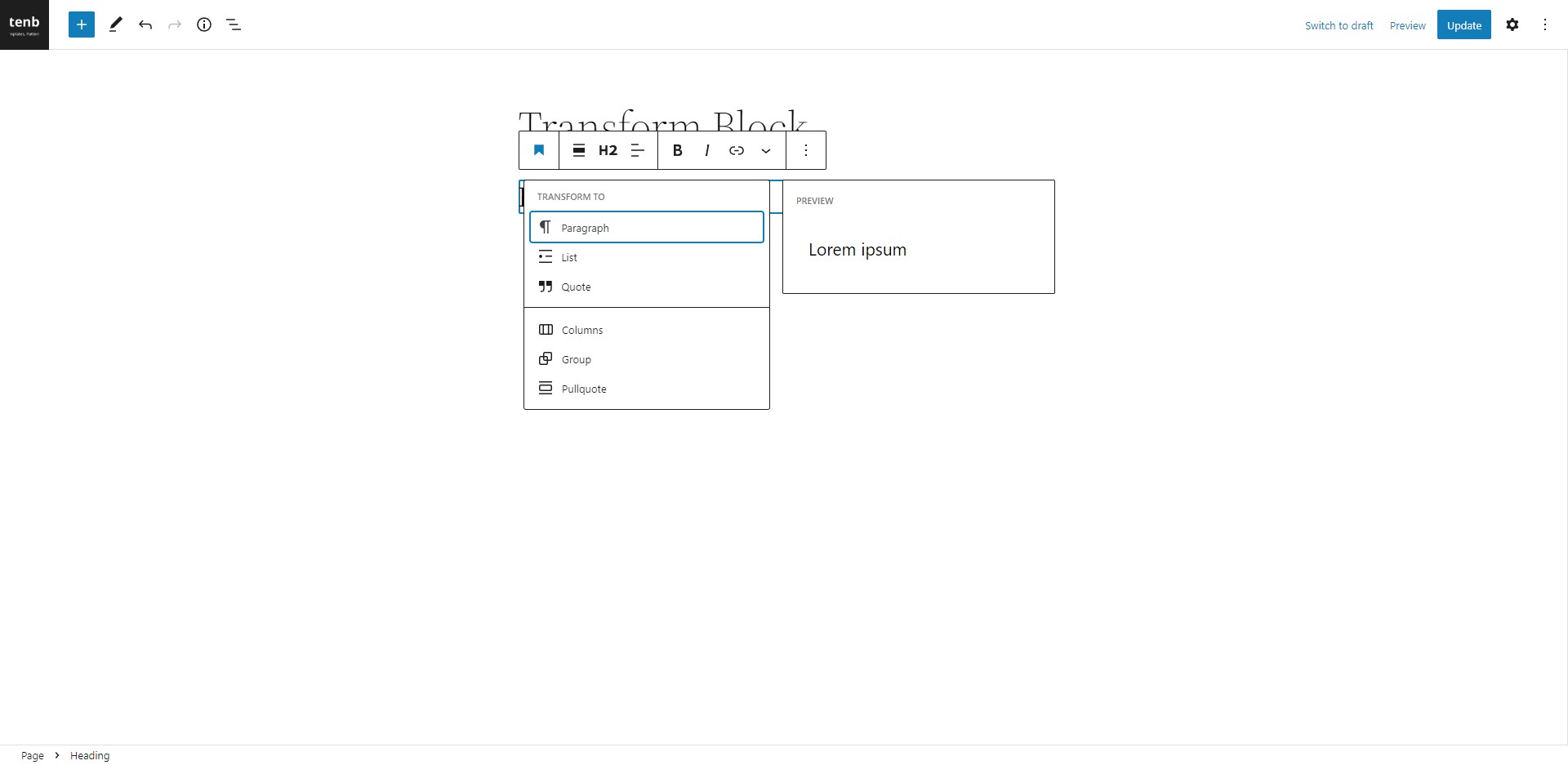 How to Transform a Block in WordPress - Gutenberg Hub