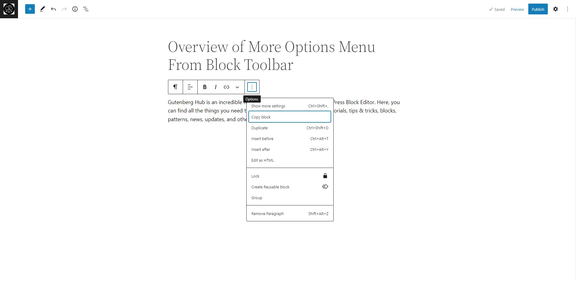 Overview Of More Options Menu From Block Toolbar In Wordpress Gutenberg Hub 8475