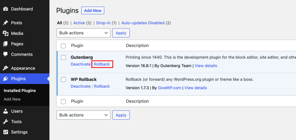 How to Rollback WordPress Plugins and Themes to Previous Versions - Gutenberg Hub